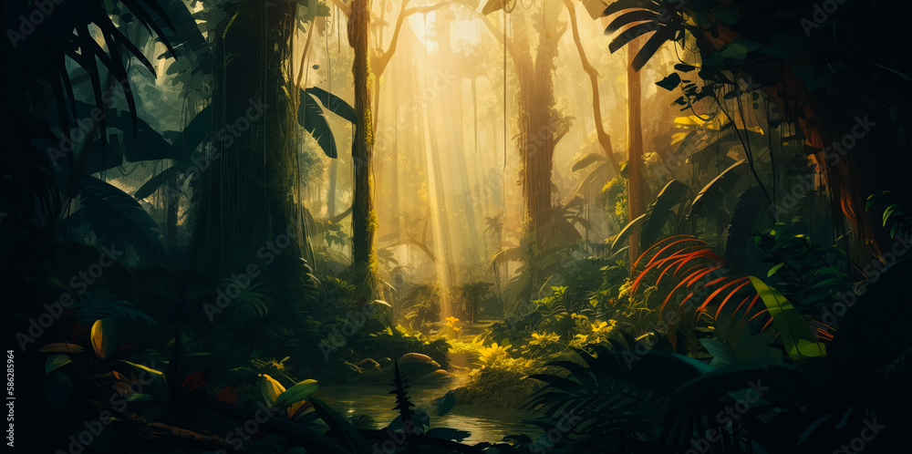 An illustration of a dense rainforest with towering trees and lush ...