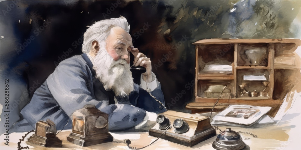Alexander Graham Bell as he makes the first successful telephone call ...