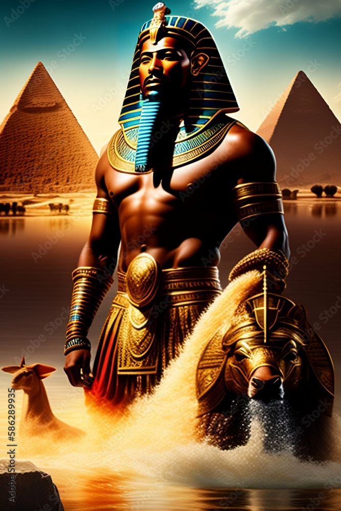 An egyptian pharaoh sinking down underwater into deep brown water ...