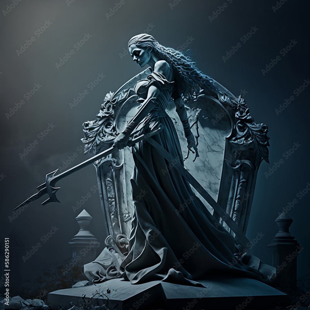 Terrible death with a scythe stands in a cemetery surrounded by graves ...