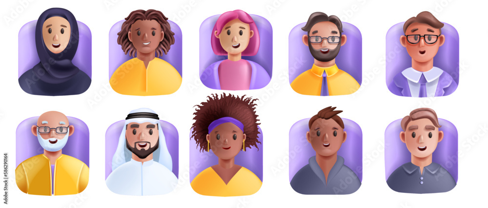 3D profile people avatar icon, men woman happy face set young male ...