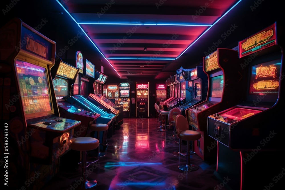 A retro arcade with neon lights and classic games Generative AI Stock ...