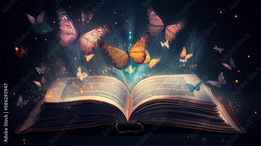 Opened magic fantasy book with magical flying butterflies above upwards ...