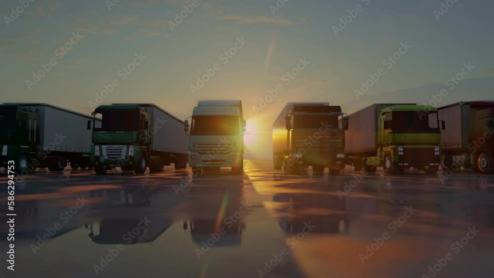 Fleet of trucks with semi-trailers against the backdrop of the sun's ...