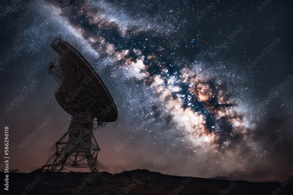 Radio telescope at starry night with milky way galaxy. Antenna for of ...