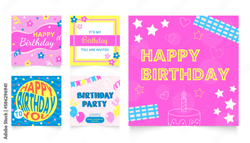 Happy Birthday instagram post templates. Isolated vector social media ...