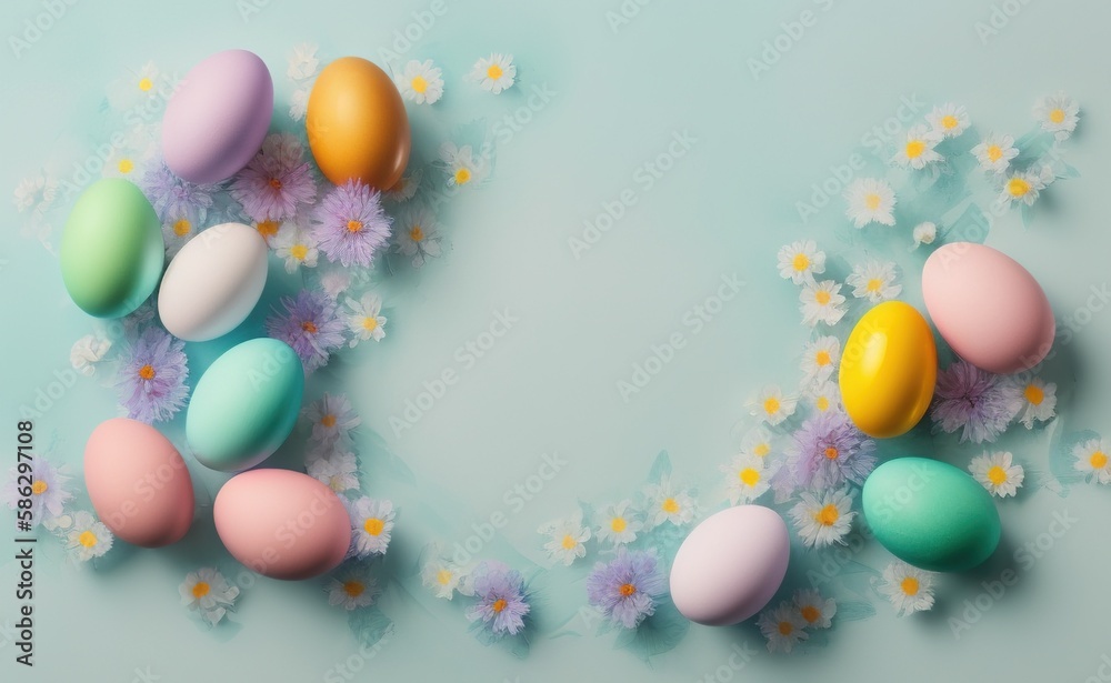 Happy easter background with flowers and eggs lined with a frame for ...