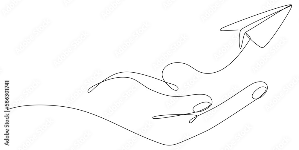 Continuous line drawing hand holding flying paper airplane. Vector ...