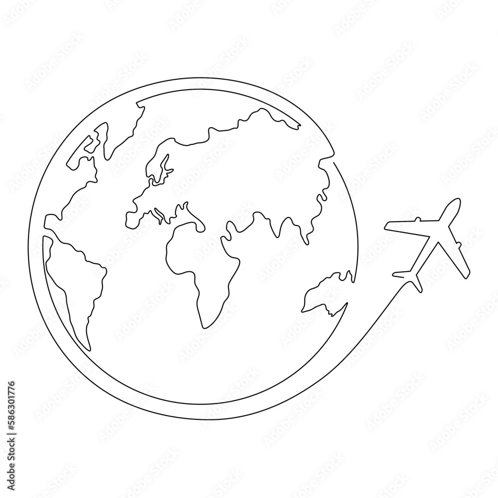World map with flying airplane one line art. Continuous Earth globe ...