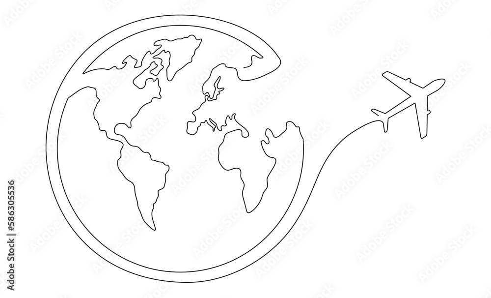 World map with flying airplane one line art. Continuous Earth globe ...