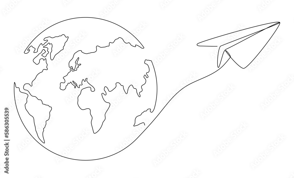 World map with flying paper airplane one line art. Continuous Earth ...