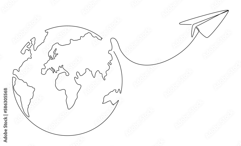 World map with flying paper airplane one line art. Continuous Earth ...