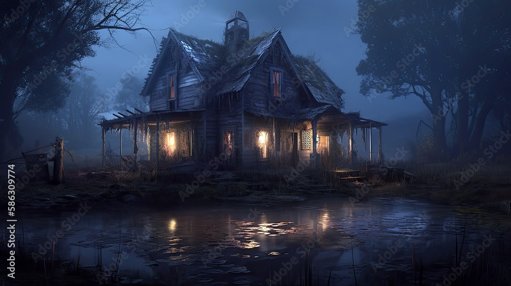 creepy haunted house in the swamp, with lights inside (created with ...