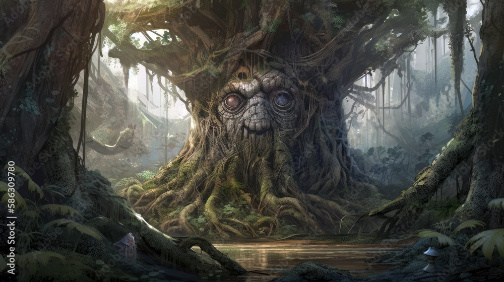 Fantasy giant tree with roots at the dark foggy forest (created with ...