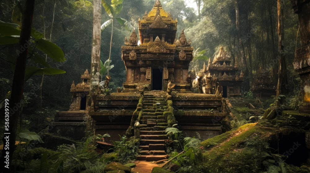 golden temple in the jungle, statues, traps. sacred ancient temple ...