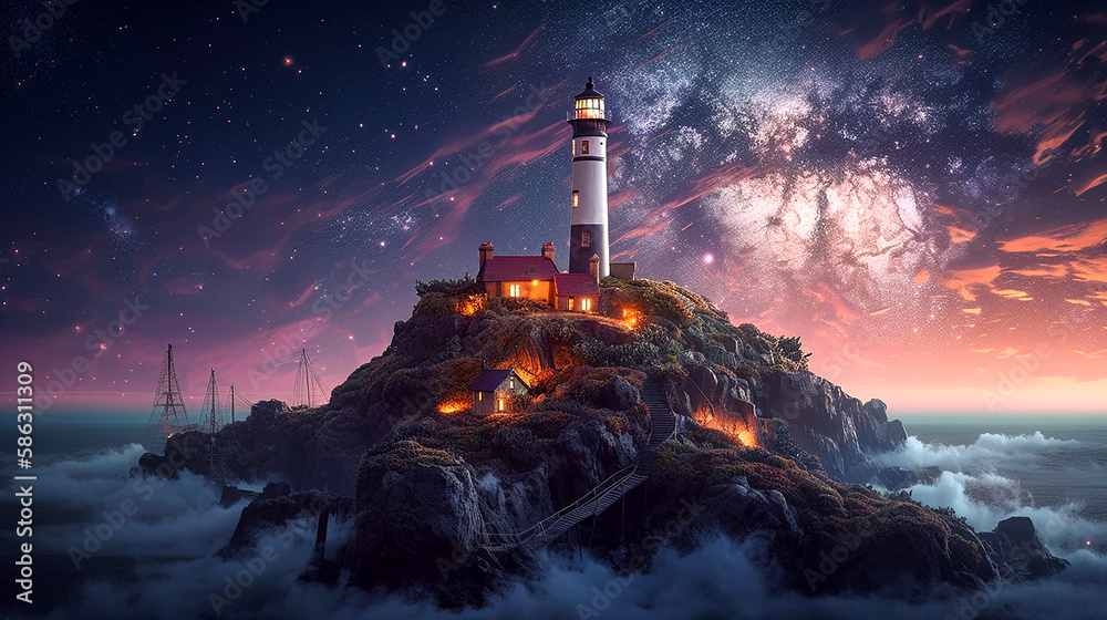 Fantasy Island City - A Lighthouse under the Milky Way and The Night ...