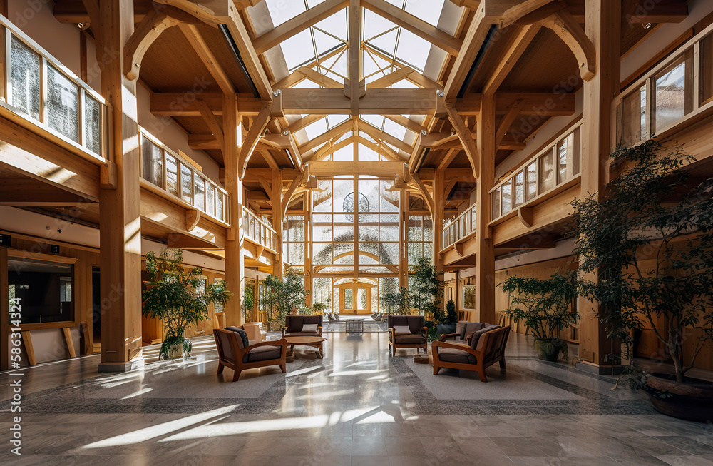 Generative AI illustration of Experimental Architecture Design, massive open atrium, timber ...