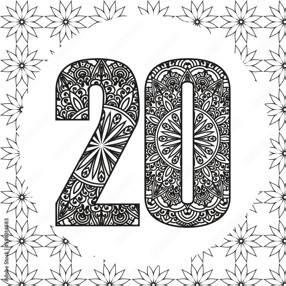 Zentangle stylized alphabet.Number 20 in doodle style. Hand drawn ...
