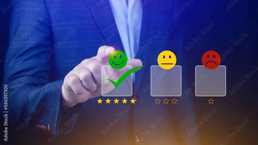 Businessman choosing happy smile face icon. feedback rating and ...