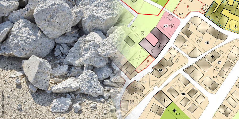 Concrete and brick rubble debris on construction site after a ...