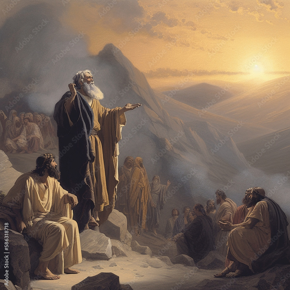 Moses receiving the ten commandments at Mount Sinai, religion and faith ...