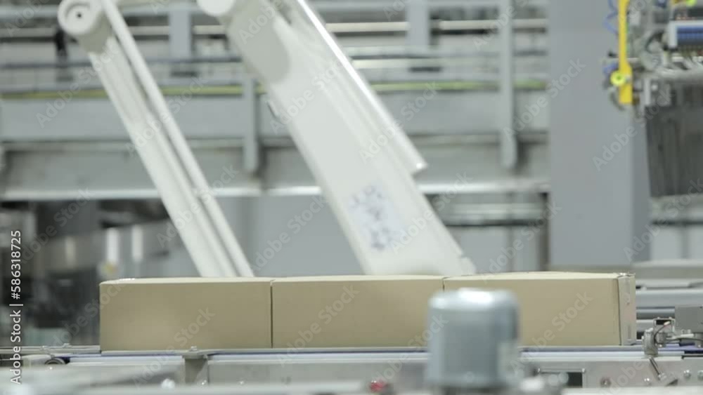Automatic robot sorting carton boxes from a conveyor belt to a box in a ...