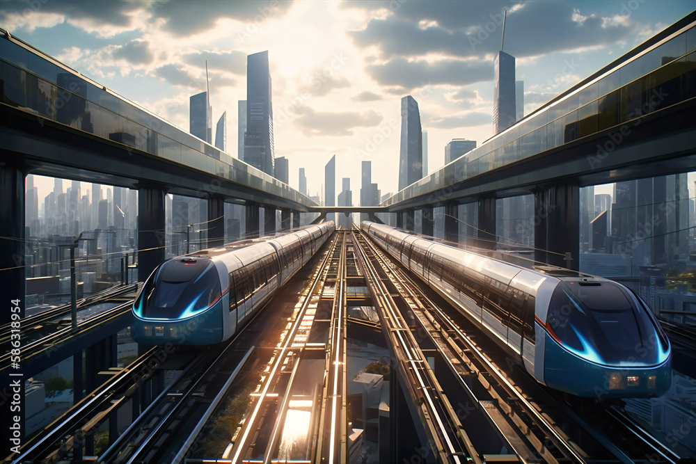 Hovering effortlessly, future trains traverse a sleek railway bridge ...