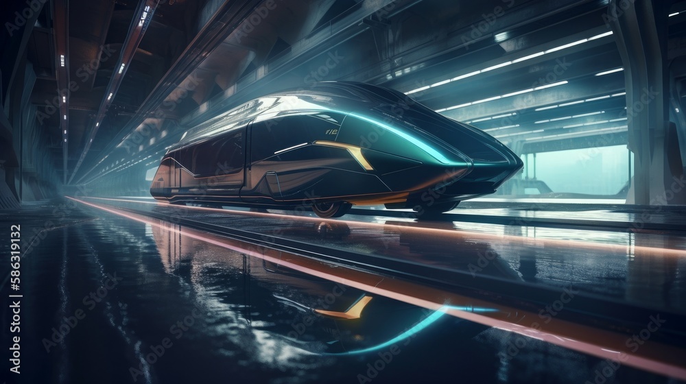 Futuristic electric bullet train speeding in a cutting-edge environment ...