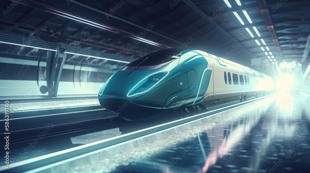 Futuristic electric bullet train speeding in a cutting-edge environment ...