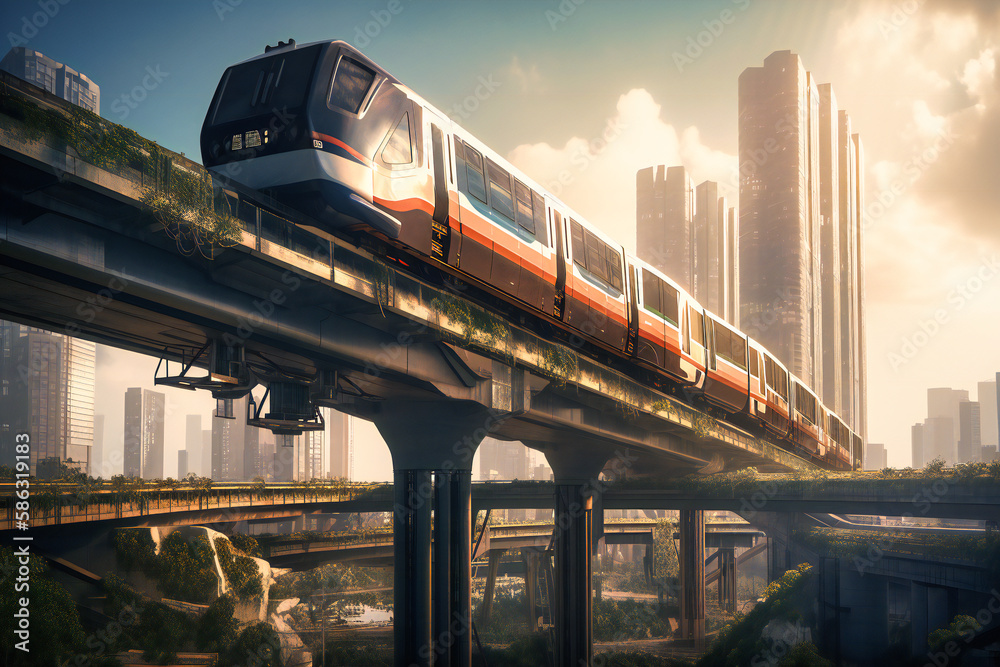 Hovering effortlessly, future trains traverse a sleek railway bridge ...