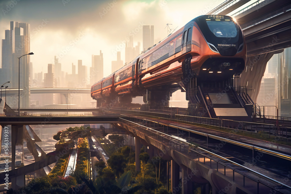 Hovering effortlessly, future trains traverse a sleek railway bridge ...