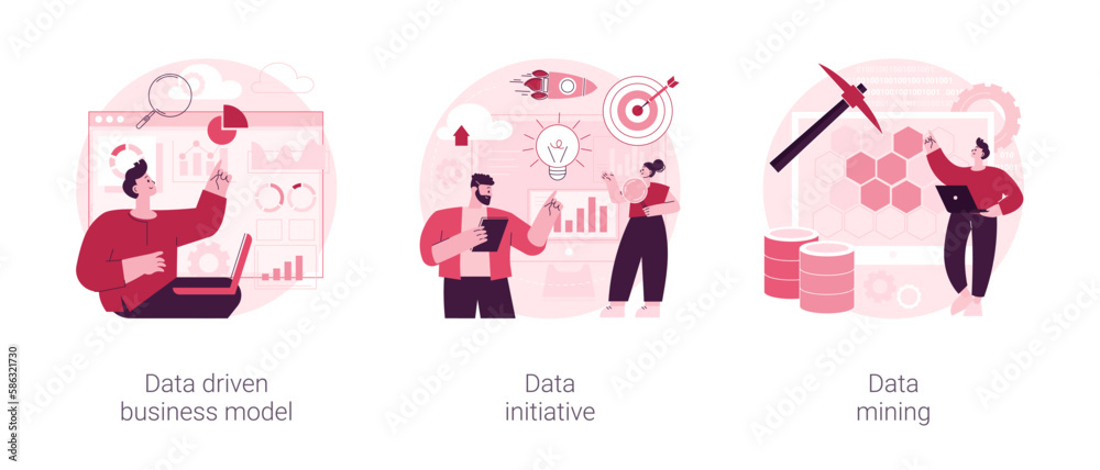Data analytics abstract concept vector illustration set. Data driven business model, information ...