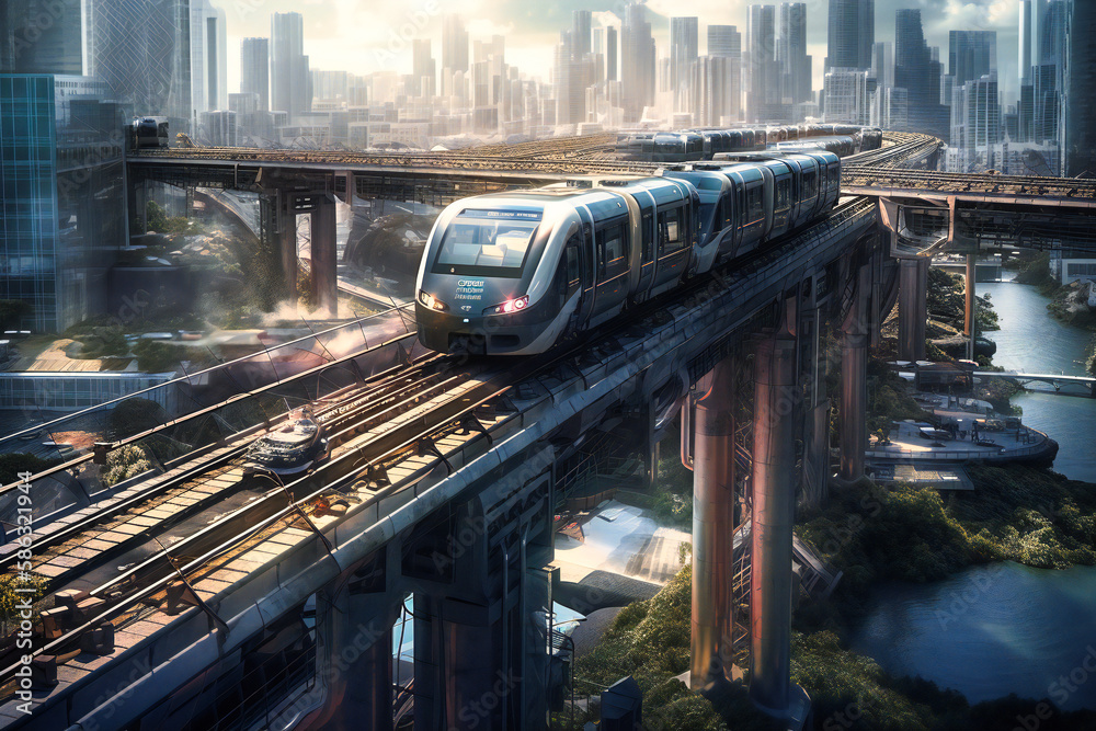 Futuristic trains traverse the suspended railway bridge, providing ...
