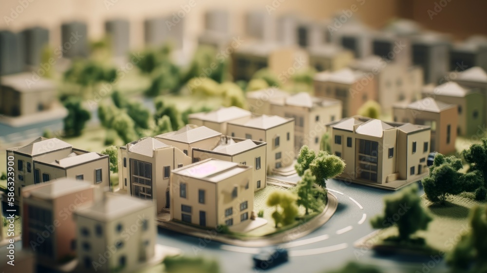 Miniature model of a modern townhouse neighborhood, captured with tilt ...