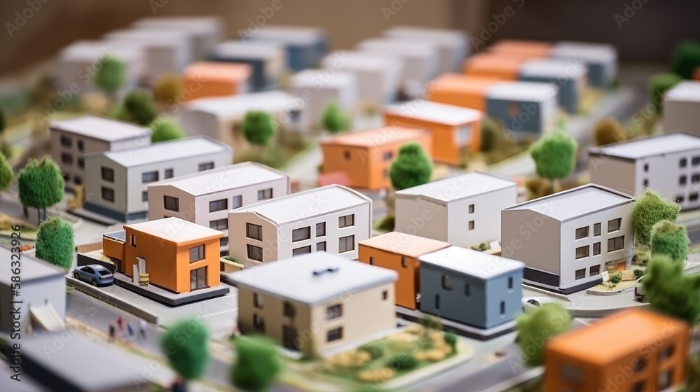 Miniature model of a modern townhouse neighborhood, captured with tilt ...
