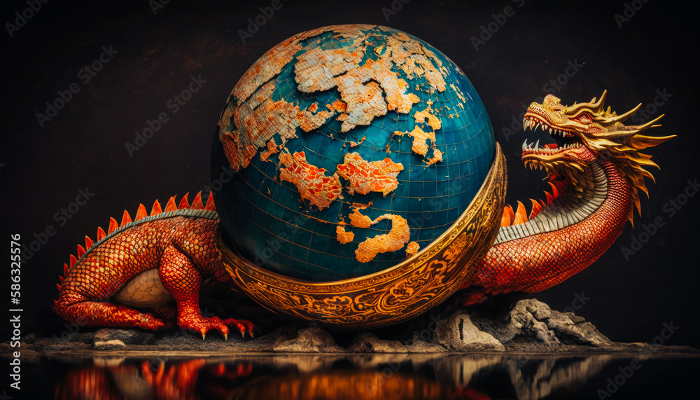 a fierce red dragon crawling around a globus of earth, symbolizing the ...