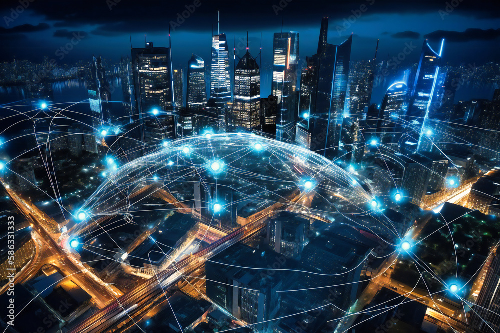 Internet speed and data communication intertwine with the city skyline ...