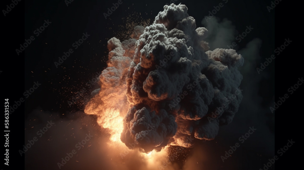ภาพประกอบสต็อก Big explosion with smoke and fire on black background ai ...