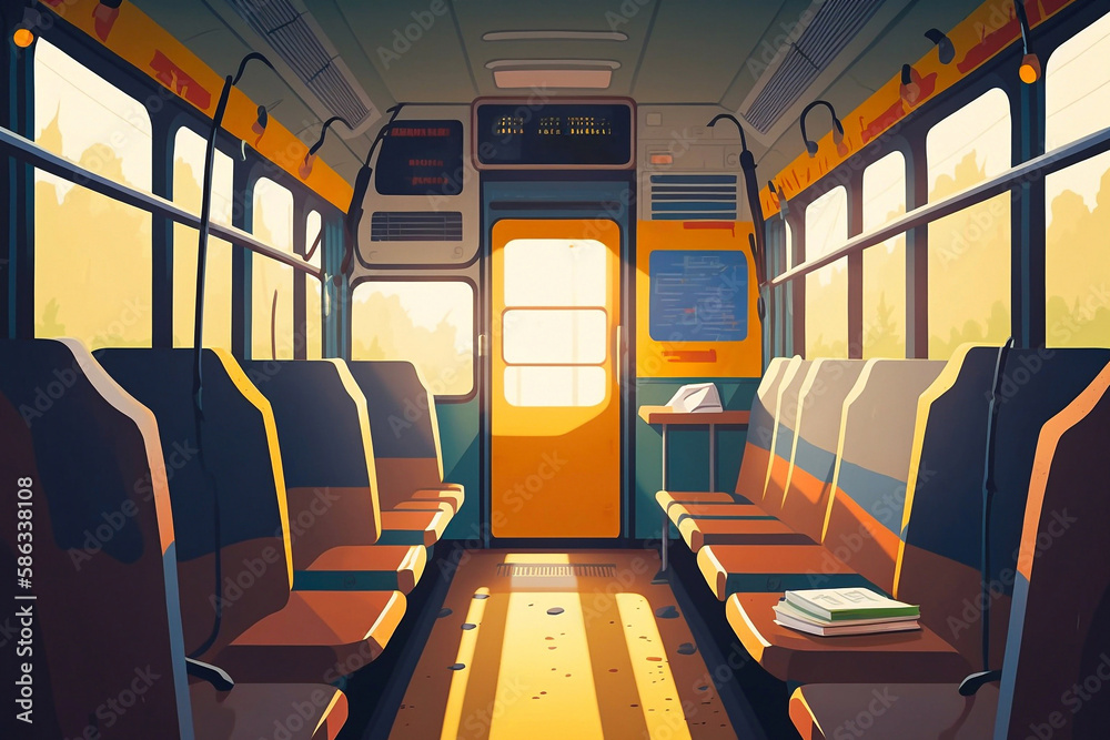 Empty school bus interior with book on seat vector cartoon background ...