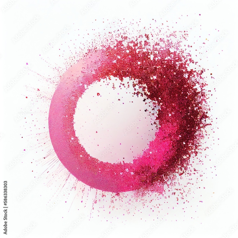 Pink glitter swirling particles on circle frame isolated on white ...