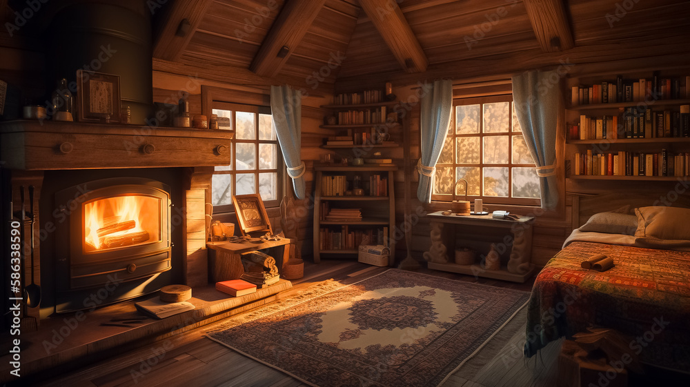 a cozy log cabin large fireplace with books in the library, home, warm ...