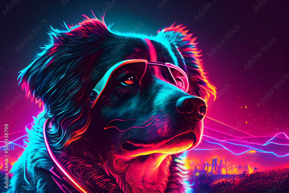 Dog in synthwave style. VR videogame experience in 80's synth wave and ...