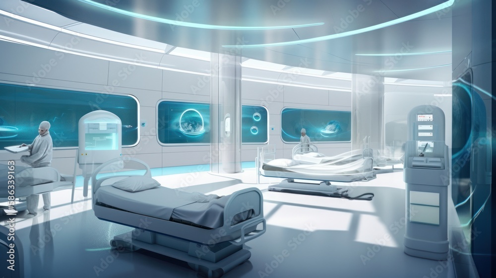 Design concept of a futuristic hospital, combining advanced technology ...