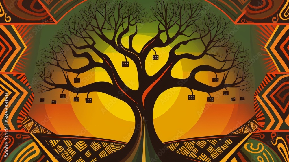 A vibrant and bold Juneteenth graphic design featuring a stylized tree ...