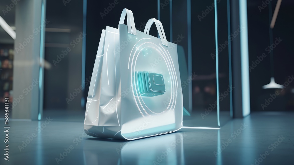 Design concept of a futuristic shopping bag, set in an advanced retail ...
