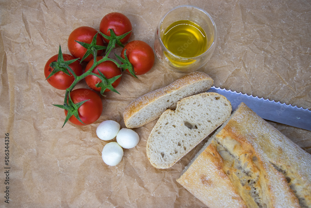 Starter pack for the best Italian brunch, mozzarella, olive, bread and ...