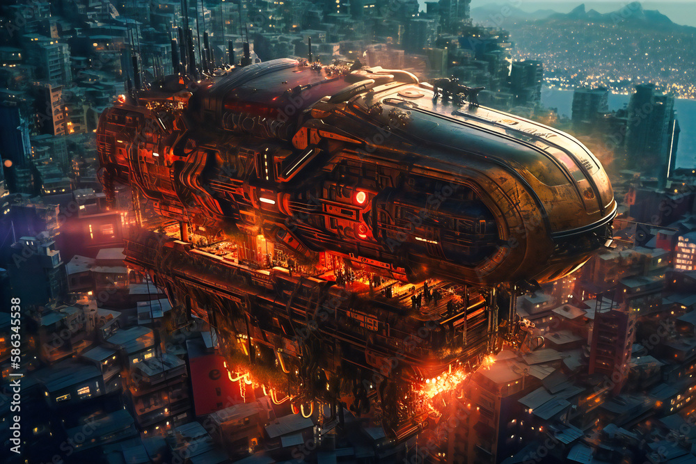 Airships float silently above dystopian cities, their glowing outlines ...