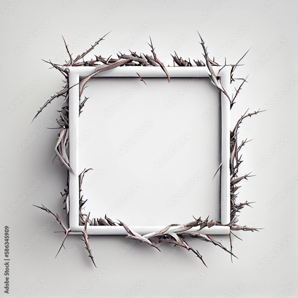 An empty square frame with grey thorns on white background. Ai ...