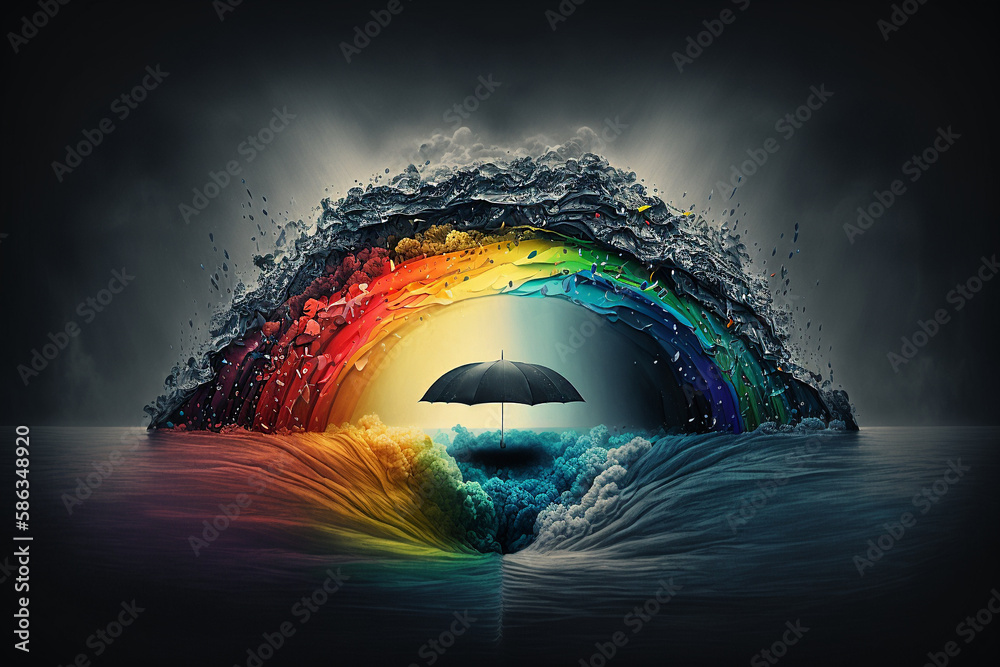 The black sea in a circular wave and in the middle a rainbow in the ...