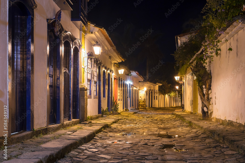 Paraty, Brazil. Street in historic downtown at night. Colonial period ...